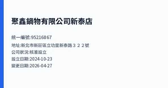 聚鑫鍋物有限公司新泰店的照片-統編 95216867(新北市) 公司登記資料與營業項目詳細圖表