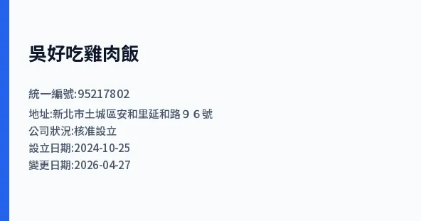 吳好吃雞肉飯的照片-統編 95217802(新北市) 公司登記資料與營業項目詳細圖表