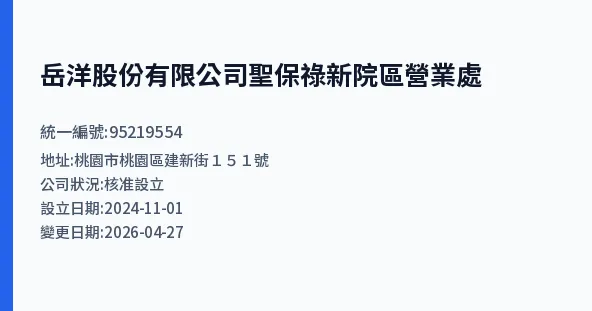 岳洋股份有限公司聖保祿新院區營業處的照片-統編 95219554(桃園市) 公司登記資料與營業項目詳細圖表