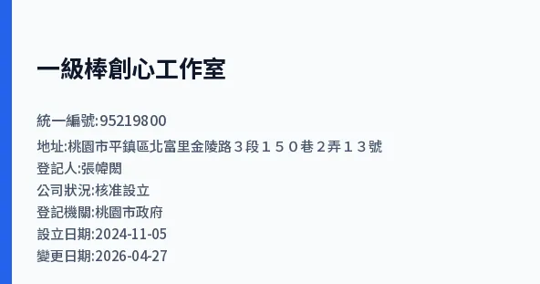 一級棒創心工作室的照片-統編 95219800(桃園市) 公司登記資料與營業項目詳細圖表