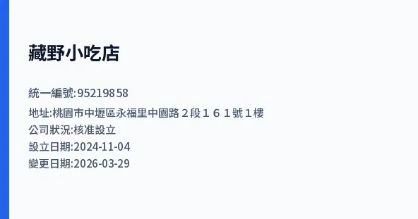藏野小吃店的照片-統編 95219858(桃園市) 公司登記資料與營業項目詳細圖表