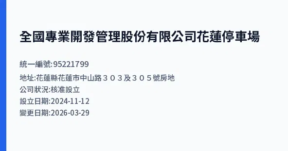全國專業開發管理股份有限公司花蓮停車場的照片-統編 95221799(花蓮縣) 公司登記資料與營業項目詳細圖表