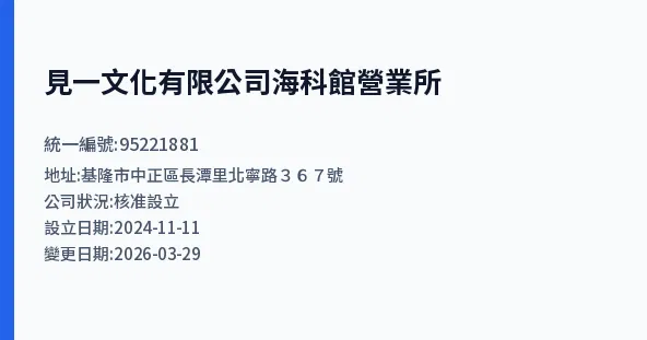 見一文化有限公司海科館營業所的照片-統編 95221881(基隆市) 公司登記資料與營業項目詳細圖表