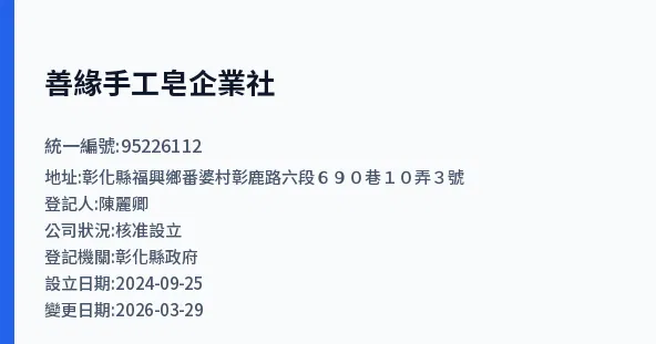 善緣手工皂企業社的照片-統編 95226112(彰化縣) 公司登記資料與營業項目詳細圖表