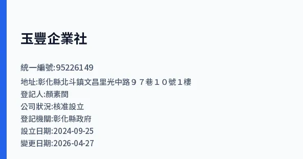 玉豐企業社的照片-統編 95226149(彰化縣) 公司登記資料與營業項目詳細圖表