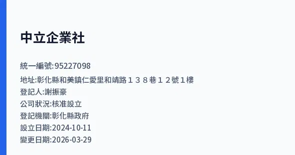 中立企業社的照片-統編 95227098(彰化縣) 公司登記資料與營業項目詳細圖表