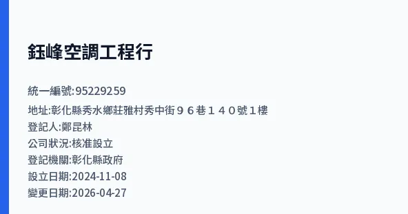 鈺峰空調工程行的照片-統編 95229259(彰化縣) 公司登記資料與營業項目詳細圖表