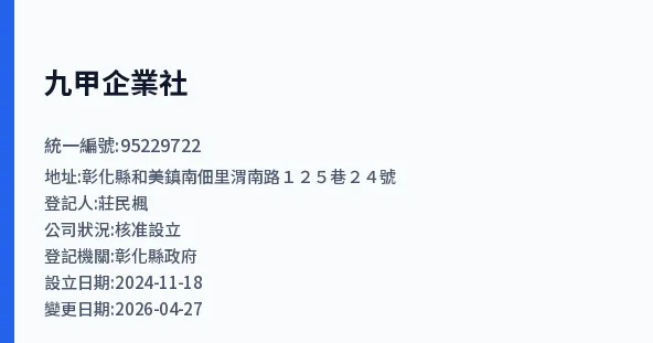 九甲企業社的照片-統編 95229722(彰化縣) 公司登記資料與營業項目詳細圖表