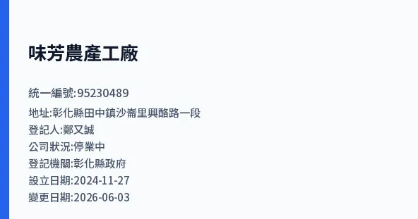 味芳農產工廠的照片-統編 95230489(彰化縣) 公司登記資料與營業項目詳細圖表