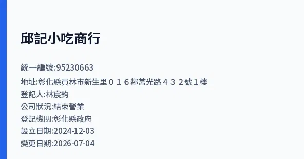 邱記小吃商行的照片-統編 95230663(彰化縣) 公司登記資料與營業項目詳細圖表