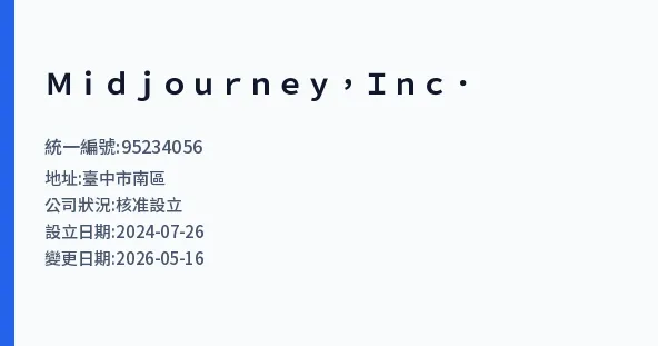 Midjourney, Inc.的照片-統編 95234056(臺中市) 公司登記資料與營業項目詳細圖表