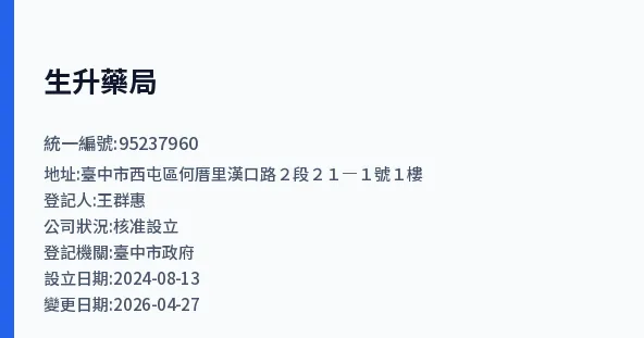 生升藥局的照片-統編 95237960(臺中市) 公司登記資料與營業項目詳細圖表