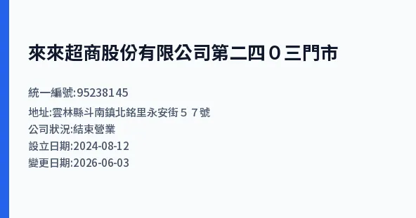 來來超商股份有限公司第二四0三門市的照片-統編 95238145(雲林縣) 公司登記資料與營業項目詳細圖表