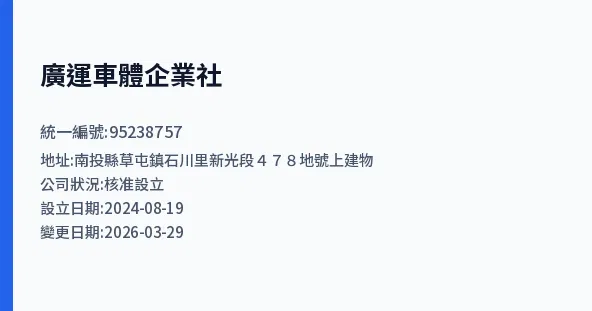 廣運車體企業社的照片-統編 95238757(南投縣) 公司登記資料與營業項目詳細圖表