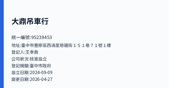 大鼎吊車行的照片-統編 95239453(臺中市) 公司登記資料與營業項目詳細圖表