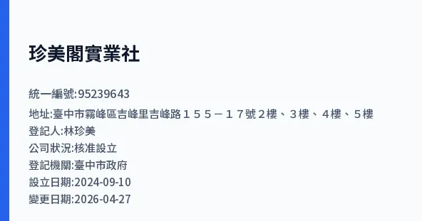 珍美閣實業社的照片-統編 95239643(臺中市) 公司登記資料與營業項目詳細圖表