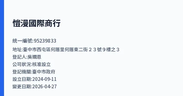 愷漫國際商行的照片-統編 95239833(臺中市) 公司登記資料與營業項目詳細圖表
