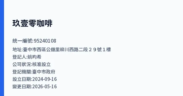玖壹零咖啡的照片-統編 95240108(臺中市) 公司登記資料與營業項目詳細圖表