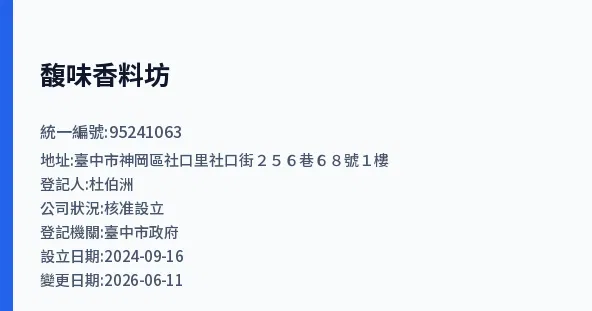 馥味香料坊的照片-統編 95241063(臺中市) 公司登記資料與營業項目詳細圖表