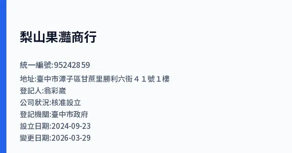 梨山果灩商行的照片-統編 95242859(臺中市) 公司登記資料與營業項目詳細圖表