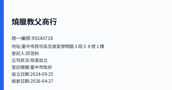 燒臘教父商行的照片-統編 95243718(臺中市) 公司登記資料與營業項目詳細圖表
