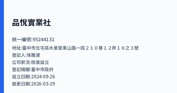 品悅實業社的照片-統編 95244131(臺中市) 公司登記資料與營業項目詳細圖表