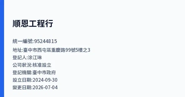 順恩工程行的照片-統編 95244815(臺中市) 公司登記資料與營業項目詳細圖表