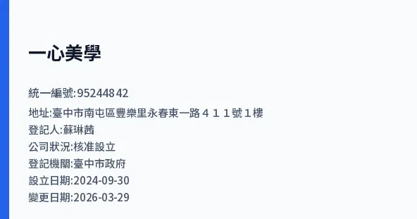 一心美學的照片-統編 95244842(臺中市) 公司登記資料與營業項目詳細圖表