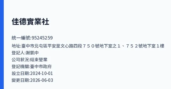 佳德實業社的照片-統編 95245259(臺中市) 公司登記資料與營業項目詳細圖表