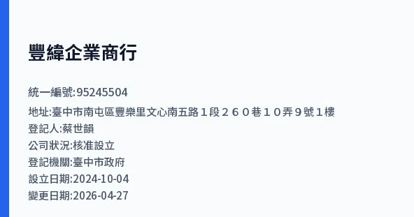豐緯企業商行的照片-統編 95245504(臺中市) 公司登記資料與營業項目詳細圖表