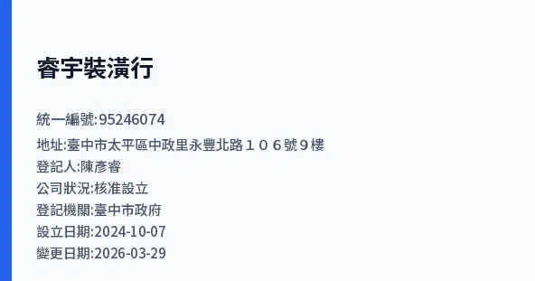 睿宇裝潢行的照片-統編 95246074(臺中市) 公司登記資料與營業項目詳細圖表