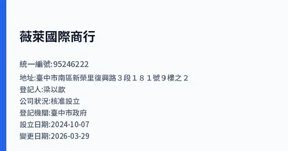 薇萊國際商行的照片-統編 95246222(臺中市) 公司登記資料與營業項目詳細圖表