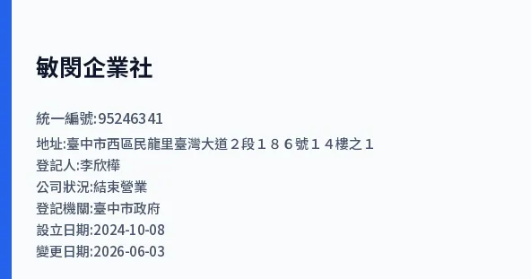 敏閔企業社的照片-統編 95246341(臺中市) 公司登記資料與營業項目詳細圖表