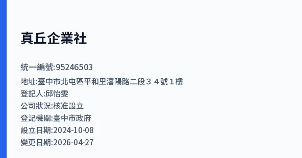 真丘企業社的照片-統編 95246503(臺中市) 公司登記資料與營業項目詳細圖表