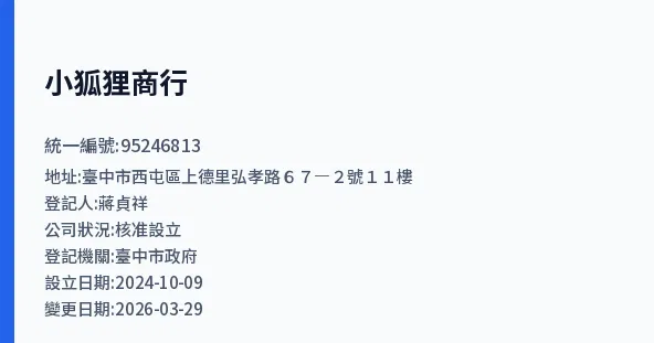 小狐狸商行的照片-統編 95246813(臺中市) 公司登記資料與營業項目詳細圖表