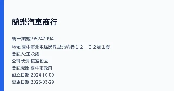 蘭樂汽車商行的照片-統編 95247094(臺中市) 公司登記資料與營業項目詳細圖表