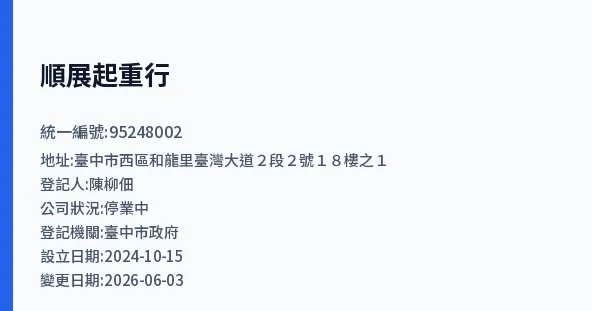 順展起重行的照片-統編 95248002(臺中市) 公司登記資料與營業項目詳細圖表