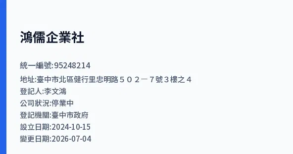 鴻儒企業社的照片-統編 95248214(臺中市) 公司登記資料與營業項目詳細圖表