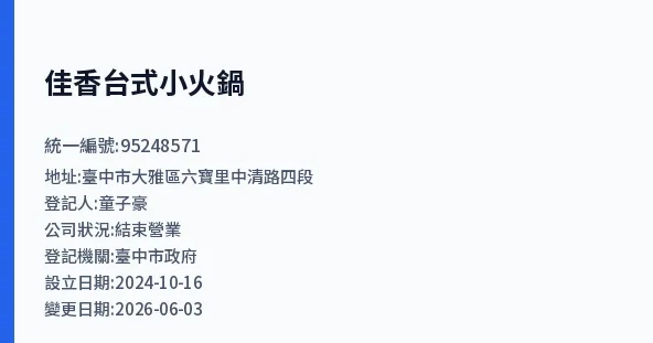 佳香台式小火鍋的照片-統編 95248571(臺中市) 公司登記資料與營業項目詳細圖表