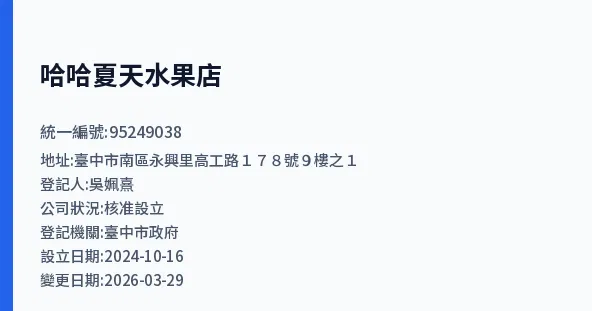 哈哈夏天水果店的照片-統編 95249038(臺中市) 公司登記資料與營業項目詳細圖表