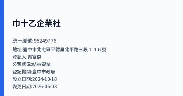 巾十乙企業社的照片-統編 95249776(臺中市) 公司登記資料與營業項目詳細圖表