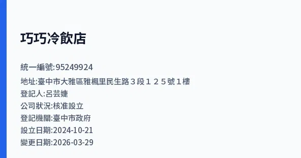 巧巧冷飲店的照片-統編 95249924(臺中市) 公司登記資料與營業項目詳細圖表