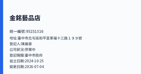 金銘藝品店的照片-統編 95251316(臺中市) 公司登記資料與營業項目詳細圖表