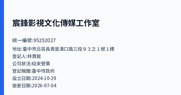 宸鋒影視文化傳媒工作室的照片-統編 95252027(臺中市) 公司登記資料與營業項目詳細圖表