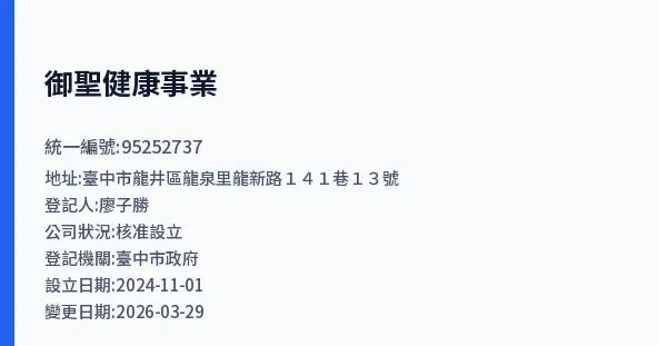 御聖健康事業的照片-統編 95252737(臺中市) 公司登記資料與營業項目詳細圖表