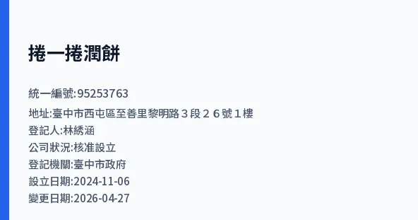 捲一捲潤餅的照片-統編 95253763(臺中市) 公司登記資料與營業項目詳細圖表