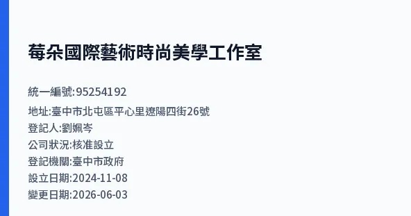 莓朵國際藝術時尚美學工作室的照片-統編 95254192(臺中市) 公司登記資料與營業項目詳細圖表