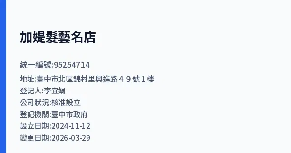 加媞髮藝名店的照片-統編 95254714(臺中市) 公司登記資料與營業項目詳細圖表