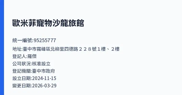 歐米菲寵物沙龍旅館的照片-統編 95255777(臺中市) 公司登記資料與營業項目詳細圖表