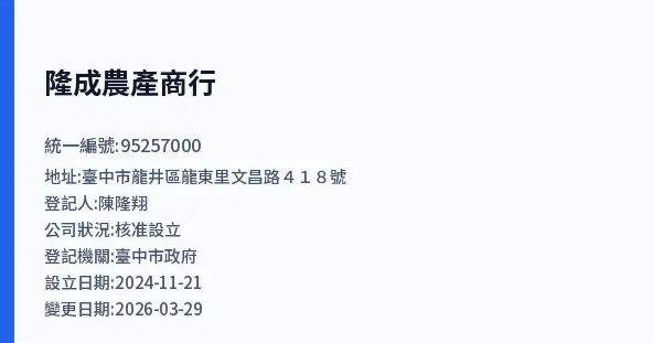 隆成農產商行的照片-統編 95257000(臺中市) 公司登記資料與營業項目詳細圖表